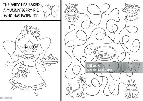 요정 베리 파이 올빼미 다람쥐 여우 개구리와 함께 아이들을 위한 흑백 미로 동화 공주 인쇄 가능한 활동 색칠 공부 페이지 마법의 숲 삼림 미로 게임 퍼즐 케이크를 먹은 사람