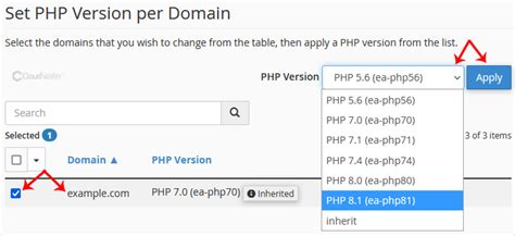 how to set the php version per domain in cpanel