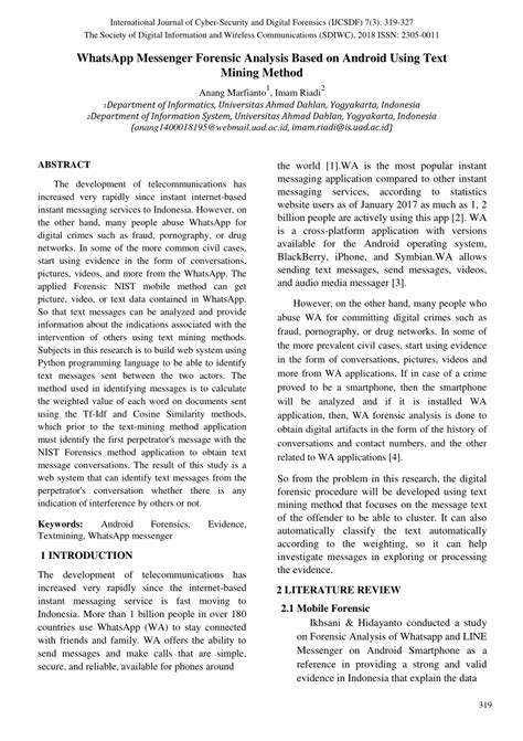 pdf whatsapp messenger forensic analysis based on android using text mining method