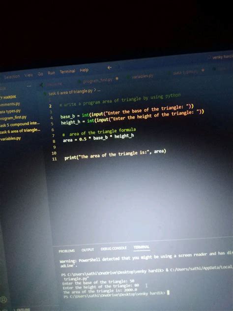venkatesh gorrela on linkedin task 6 write a program area of a triangle by using python kiran
