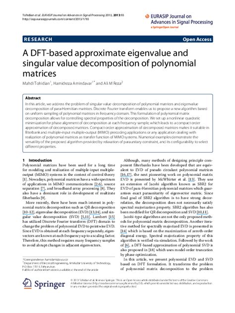 Pdf A Dft Based Approximate Eigenvalue And Singular Value Decomposition Of Polynomial Matrices