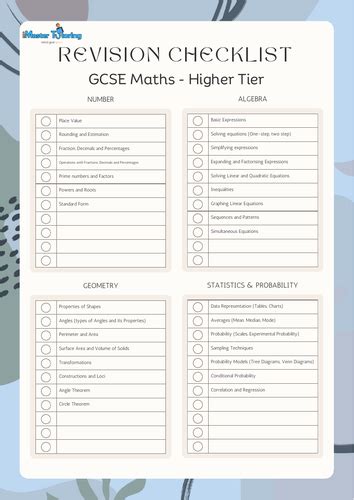 Gcse Maths Revision Checklist Foundation And Higher Separated