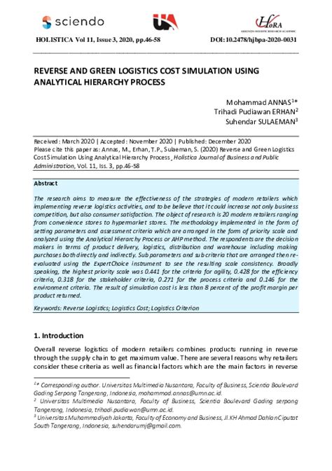 Pdf Reverse And Green Logistics Cost Simulation Using Analytical Hierarchy Process
