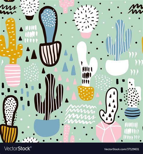 Seamless Pattern With Cactuses And Hand Drawn Vector Image