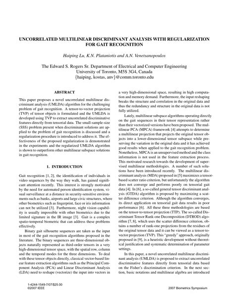 Pdf Uncorrelated Multilinear Discriminant Analysis With Regularization For Gait Recognition