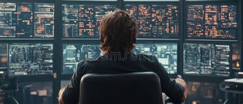 Person Sits Before Multiple Computer Screens Displaying Complex Data Dark Room Shows Digital