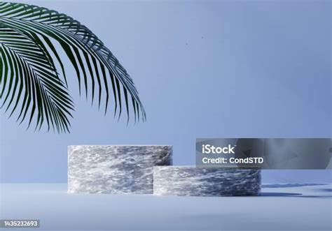 흰색 대리석 받침대 연단 모형 자연 잎과 식물이 있는 파란색 벽 배경 제품 쇼케이스 및 프레젠테이션을 위한 빈 플랫폼 3d 렌더링 0명에 대한 스톡 사진 및 기타 이미지