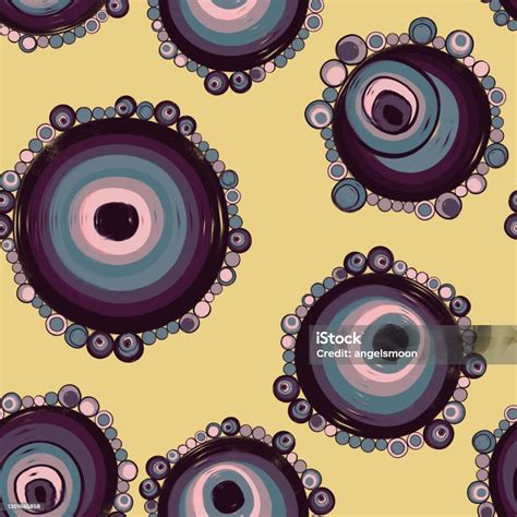 기하학적 매끄러운 패턴 완벽하게 다른 크기의 색상으로 중첩 원을 접촉 질감 점으로 채워진 원으로 반복 패턴 섬유 포장지 배너용 베이지색의 라일락 0명에 대한 스톡 벡터 아트