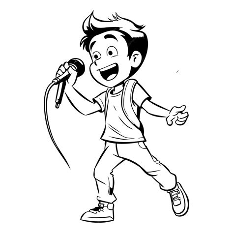 Premium Vector Cartoon Boy Singing With Microphone Black And White