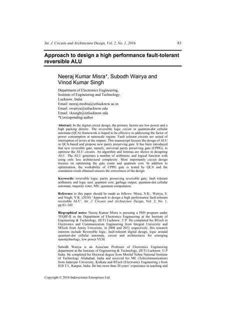 Approach To Design A High Performance Fault Tolerant Reversible Alu Pdf