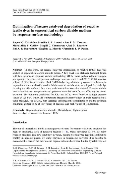 Pdf Optimization Of Laccase Catalyzed Degradation Of Reactive Textile Dyes In Supercritical