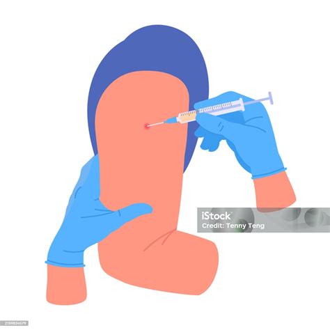 백신 접종 과정 간호사 손 고무 장갑 성인 환자에게 예방 접종 의사 손 주사기를 들고 백신 평면 벡터 그림 흰색 바탕에 백신 접종 개념 간호사에 대한 스톡 벡터 아트 및