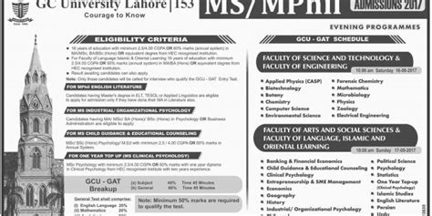 Gc University Lahore M Phil Ms Admission 2017 Form Entry Test Date