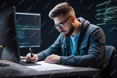Professional Programmer Engineer Writing Code Premium Ai Generated Image