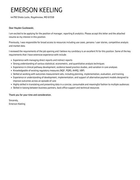 Manager Reporting And Analytics Cover Letter Velvet Jobs