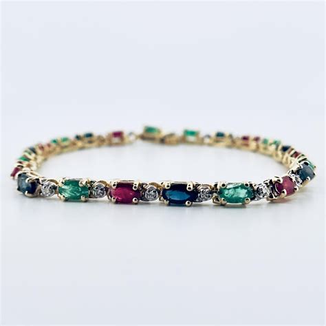 14k Yellow Gold Oval Emerald Ruby Sapphire And Diamond Tennis
