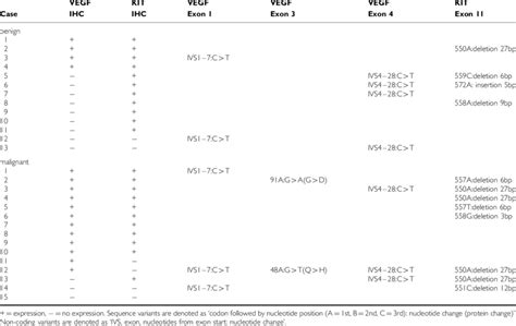 Protein Expression And Sequence Status Of Vegf And Kit In Malignant And
