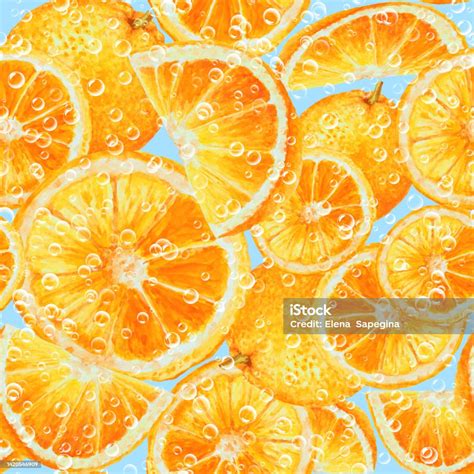 잘 익은 육즙이 많은 오렌지 조각과 파란색 배경에 작은 비행 비누 거품의 원활한 패턴 여름 열대 개념 손으로 그린 수채화 0명에 대한 스톡 벡터 아트 및 기타 이미지