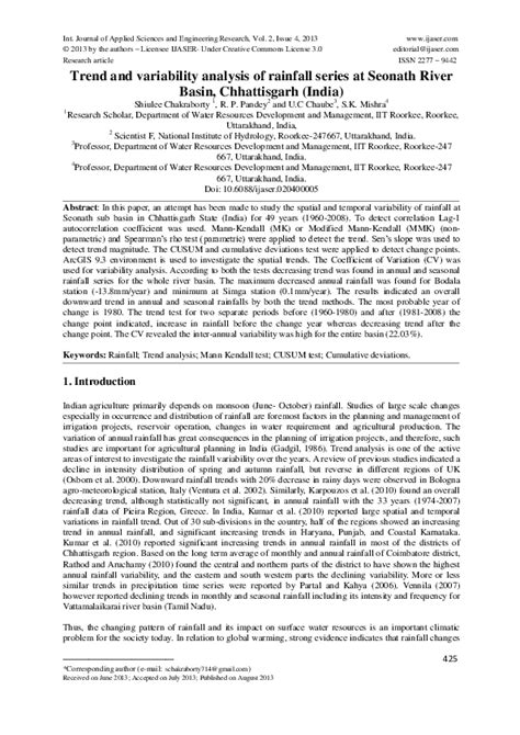 Pdf Trend And Variability Analysis Of Rainfall Series At Seonath River Basin Chhattisgarh India