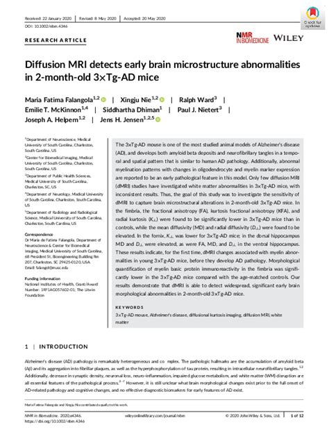 Pdf Diffusion Mri Detects Early Brain Microstructure Abnormalities In 2‐month‐old 3×tg‐ad Mice
