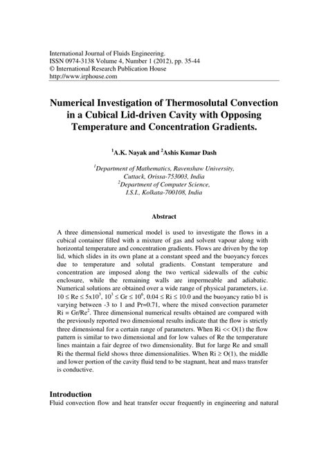 Pdf Numerical Investigation Of Thermosolutal Convection In A Cubical Lid Driven Cavity With
