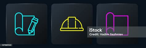 엔지니어링 및 작업자 안전 헬멧을 위한 세트 라인 그래프 용지와 연필 검은 색 사각형 버튼 벡터 개념에 대한 스톡 벡터 아트 및 기타 이미지 Istock