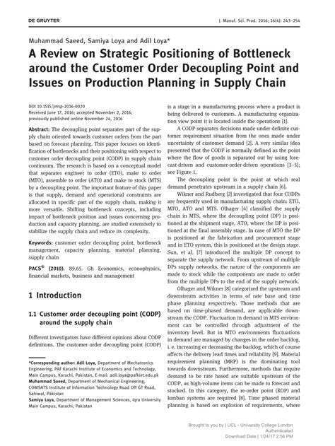 Pdf A Review On Strategic Positioning Of Bottleneck Around The