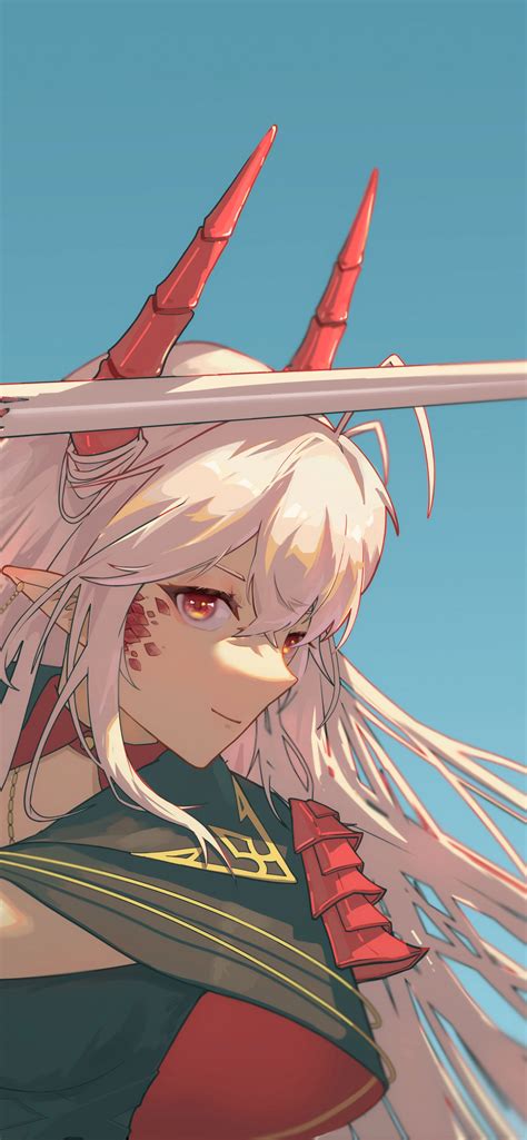 1284x2778 Anime Girl Red Horns White Hair Sword Wallpaper