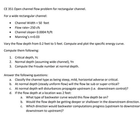 Solved CE Open Channel Flow Problem For Rectangular Chegg