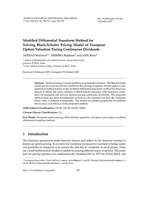 Global Science Press Modified Differential Transform Method For Solving Black Scholes Pricing