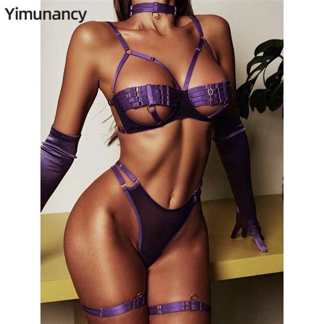 Yimunancy 여성용 에로틱 붕대 세트 초커 컷 아웃 솔리드 빈티지 퍼플 섹시 란제리 세트 브리프 키트 피스 AliExpress
