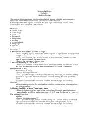 Solubility Lab Report Docx Chemistry Lab Report Solubility MaKiyah Thomas The Purpose Of This