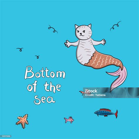 수중 세계의 낙서 스타일의 벡터 그림입니다 바다의 물고기처럼 꼬리를 가진 고양이 인어 바다의 바닥 문자는 손으로 그려집니다 0명에 대한 스톡 벡터 아트 및 기타 이미지