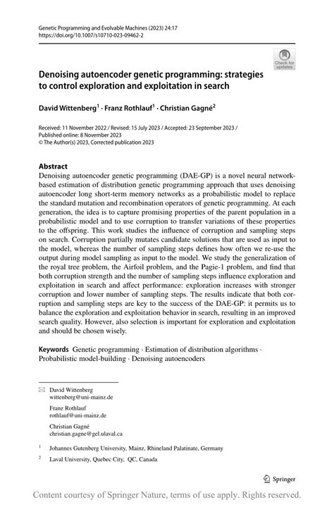 Pdf Denoising Autoencoder Genetic Programming Strategies To Control Exploration And