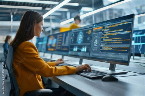 Female Software Developer Working In Control Room With Multiple