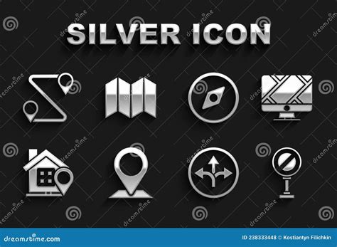 Set Location Monitor With Location Marker Stop Sign Road Traffic House Compass Route And