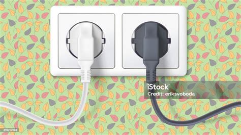 현실적인 흑인과 백인 연결할 잎 벽지와 벽의 배경에서 전기 콘센트에 삽입 된 수 있습니다 전기 제품을 연결 하기 위한 장치의 아이콘입니다 3 차원 일러스트 레이 션 0명에