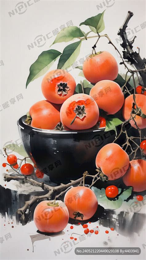 Ai创作图大红柿子 柿子很多 水墨山水画 花鸟画 昵图网