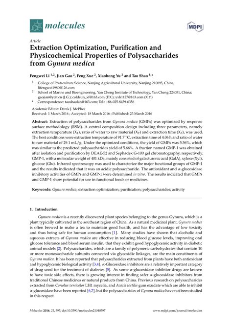 Pdf Extraction Optimization Purification And Physicochemical Properties Of Polysaccharides