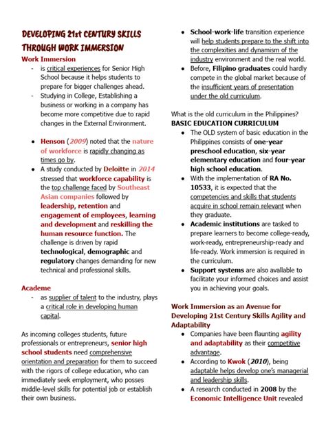 Developing 21st Century Skills Through Work Immersion Pdf