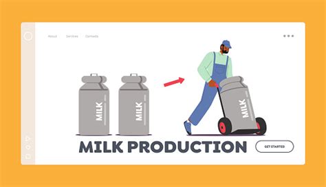 우유 생산 랜딩 페이지 템플릿입니다 로더 남성 캐릭터는 우유 용기로 트롤리를 밀고 있습니다 남자 노동자는 유제품을 배달합니다 우유에 대한 스톡 벡터 아트 및 기타 이미지