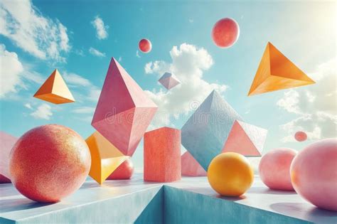 Colorful Geometric Shapes Floating In A Surreal Pastel Landscape With A Blue Sky And White