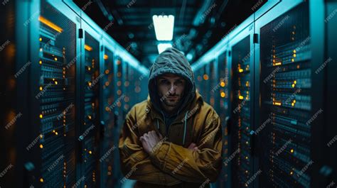 Premium Photo Anonymous Hacker In Data Center With Folded Arms