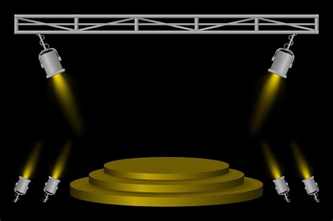 무대 스포트라이트 노란색 연단 스포트라이트 조명 빔 금속 프레임 어두운 배경 이벤트 준비 공연 플랫폼 무대 디자인 콘서트 설정 극장 조명 프레젠테이션 공간 0명에 대한 스톡
