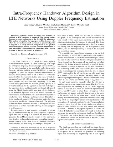 Pdf Intra Frequency Handover Algorithm Design In Lte Networks Using Doppler Frequency Estimation