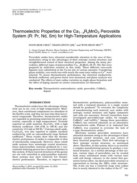 Thermoelectric Properties Of R Doped Camno3 R Nd Pr Sm For High Temprature Properties Pdf