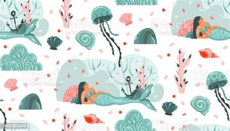 손으로 그린된 벡터 추상 만화 그래픽 여름 시간 수 중 그림 완벽 한 패턴 해파리 물고기와 보헤미안 인 어 여자 문자 흰색