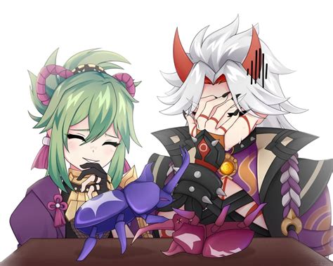 Kuki Shinobu Arataki Itto And Onikabuto Genshin Impact Drawn By