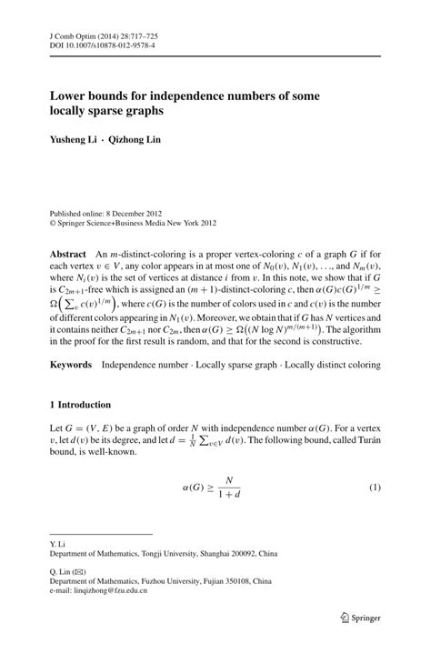 Pdf Lower Bounds For Independence Numbers Of Some Locally Sparse Graphs