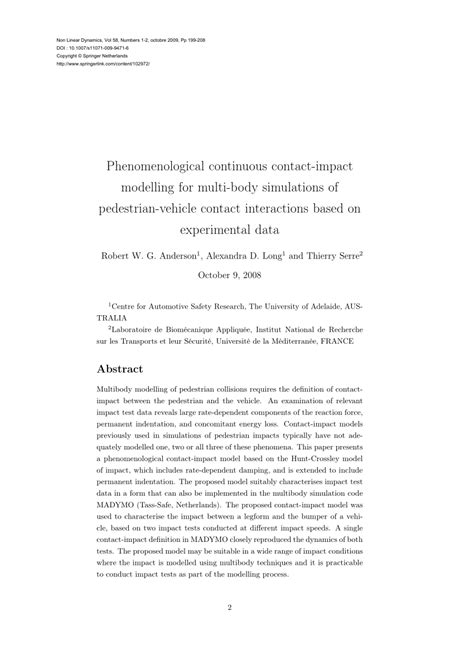 Pdf Phenomenological Continuous Contact Impact Modelling For Multibody Simulations Of